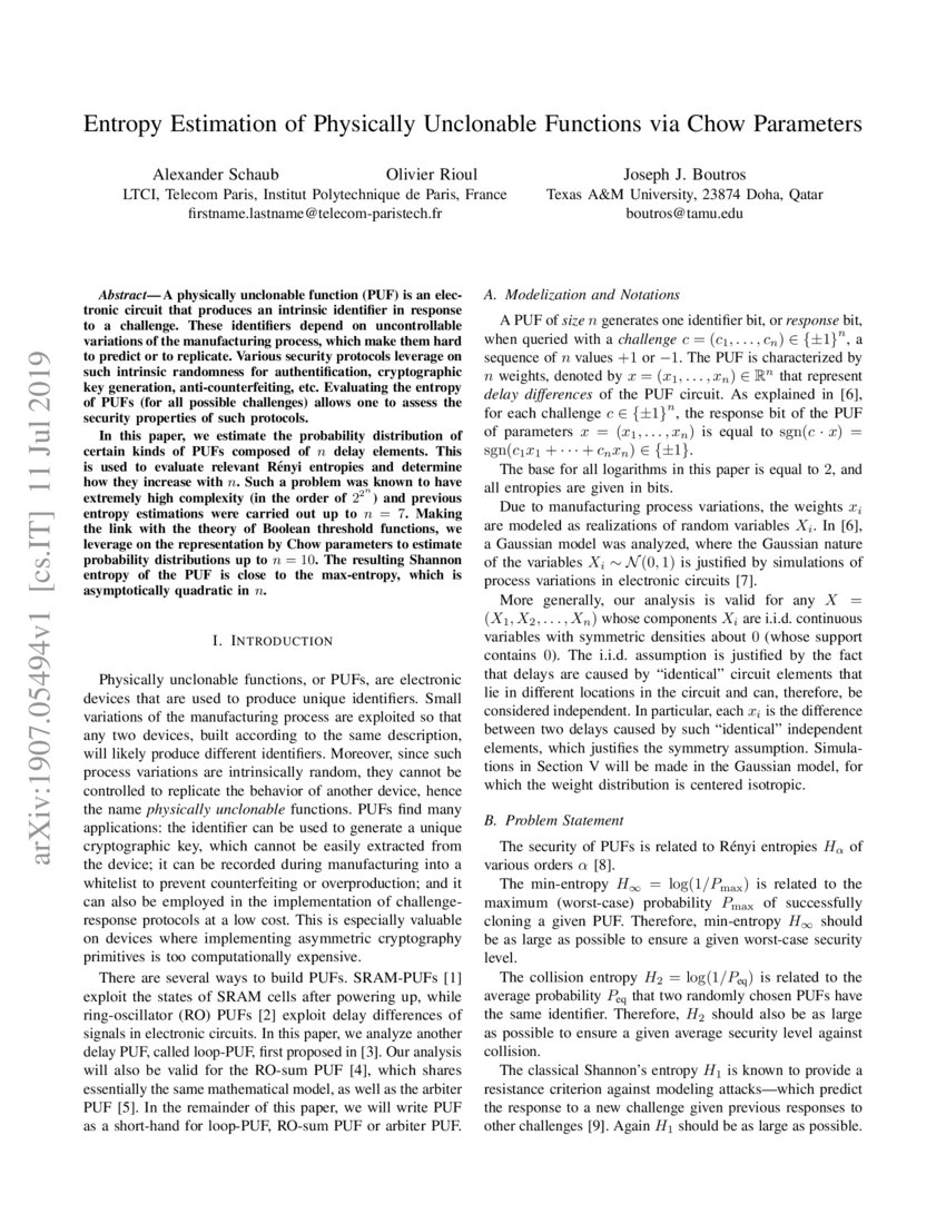 Entropy Estimation of Physically Unclonable Functions via Chow ... Entropy Estimation of Physically Unclonable Functions via Chow ...