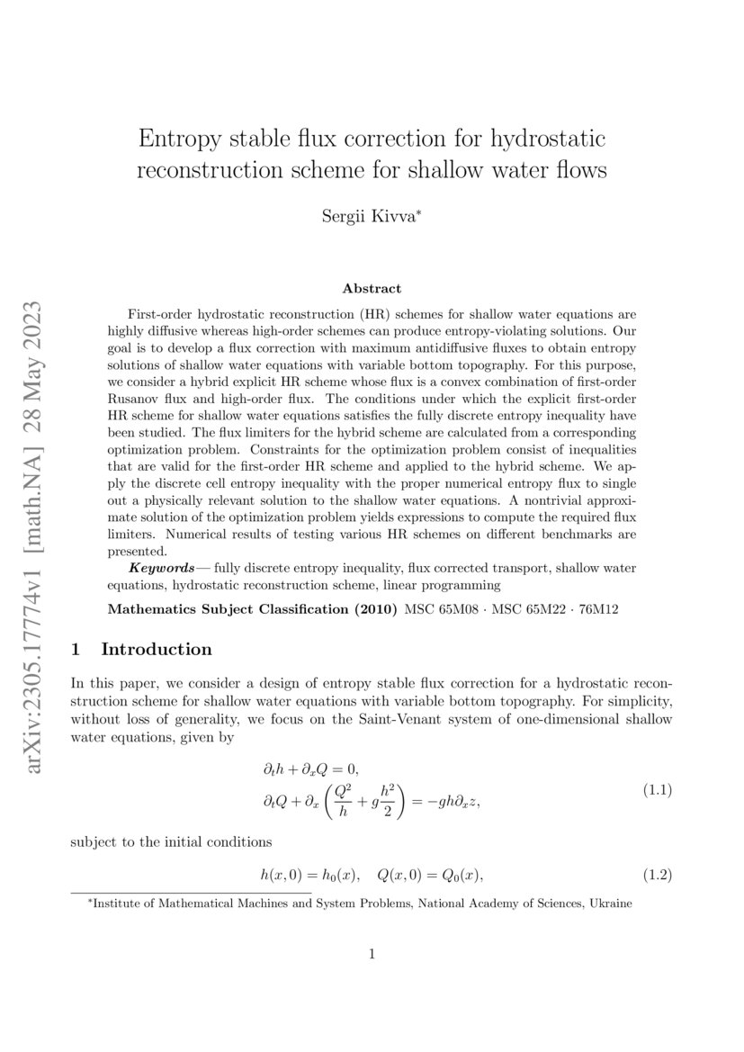 Entropy stable flux correction for hydrostatic reconstruction scheme ...