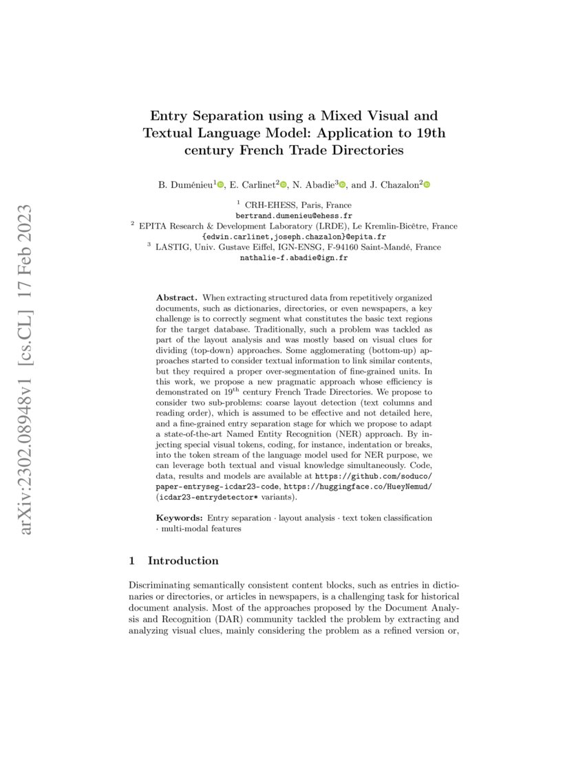 Entry Separation using a Mixed Visual and Textual Language Model: Application to 19th century ...