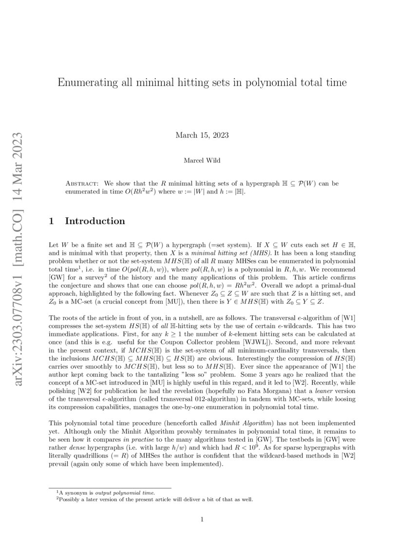 Enumerating All Minimal Hitting Sets In Polynomial Total Time Deepai 