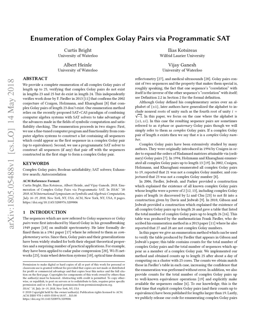 Enumeration of Complex Golay Pairs via Programmatic SAT | DeepAI