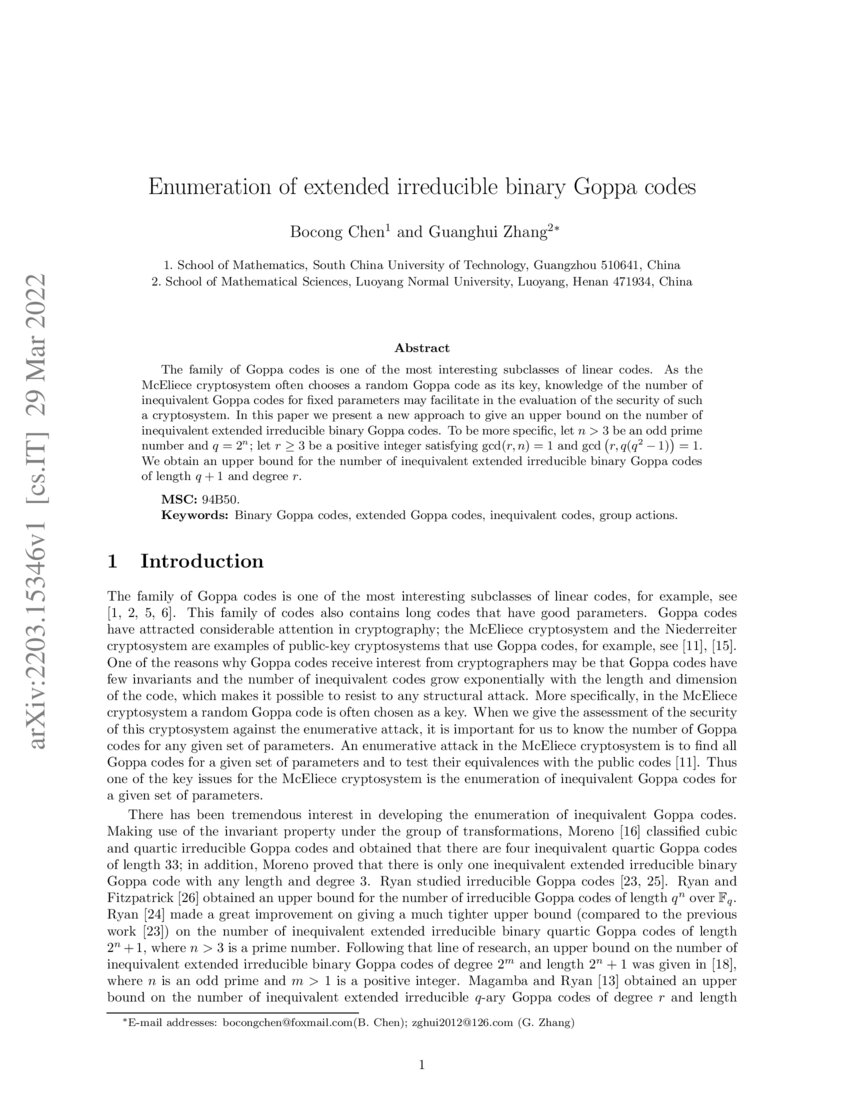 Enumeration Of Extended Irreducible Binary Goppa Codes Deepai