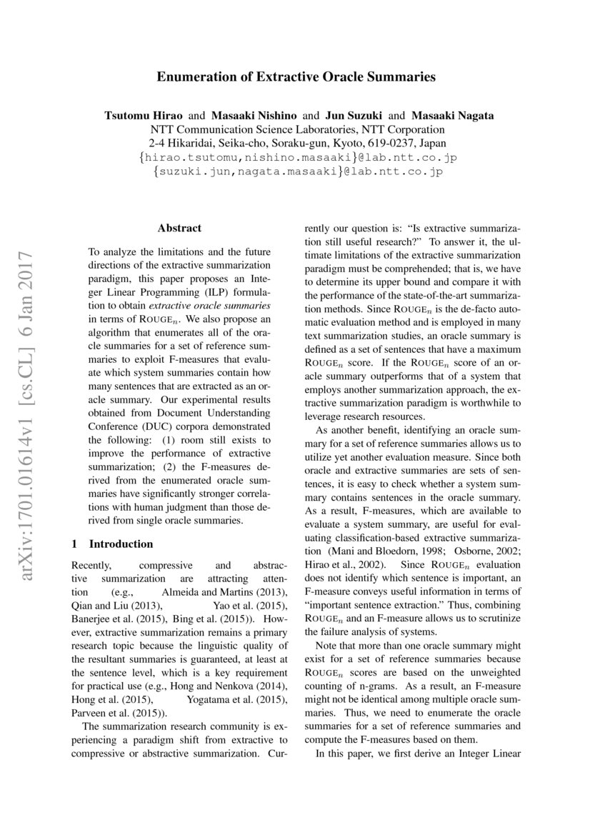 Enumeration of Extractive Oracle Summaries | DeepAI