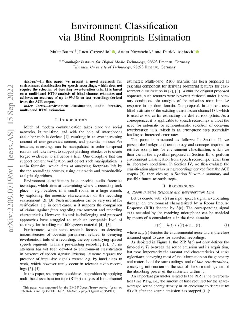 Environment Classification via Blind Roomprints Estimation | DeepAI Environment Classification via Blind Roomprints Estimation | DeepAI