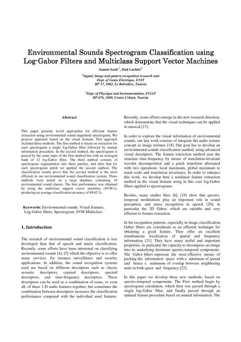 Environmental Sounds Spectrogram Classification Using Log Gabor Filters And Multiclass Support