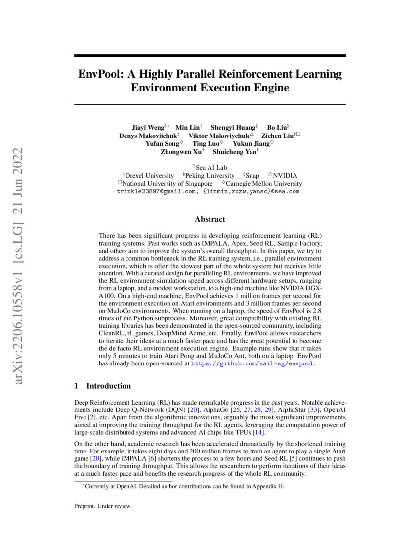 EnvPool: A Highly Parallel Reinforcement Learning Environment Execution Engine | DeepAI