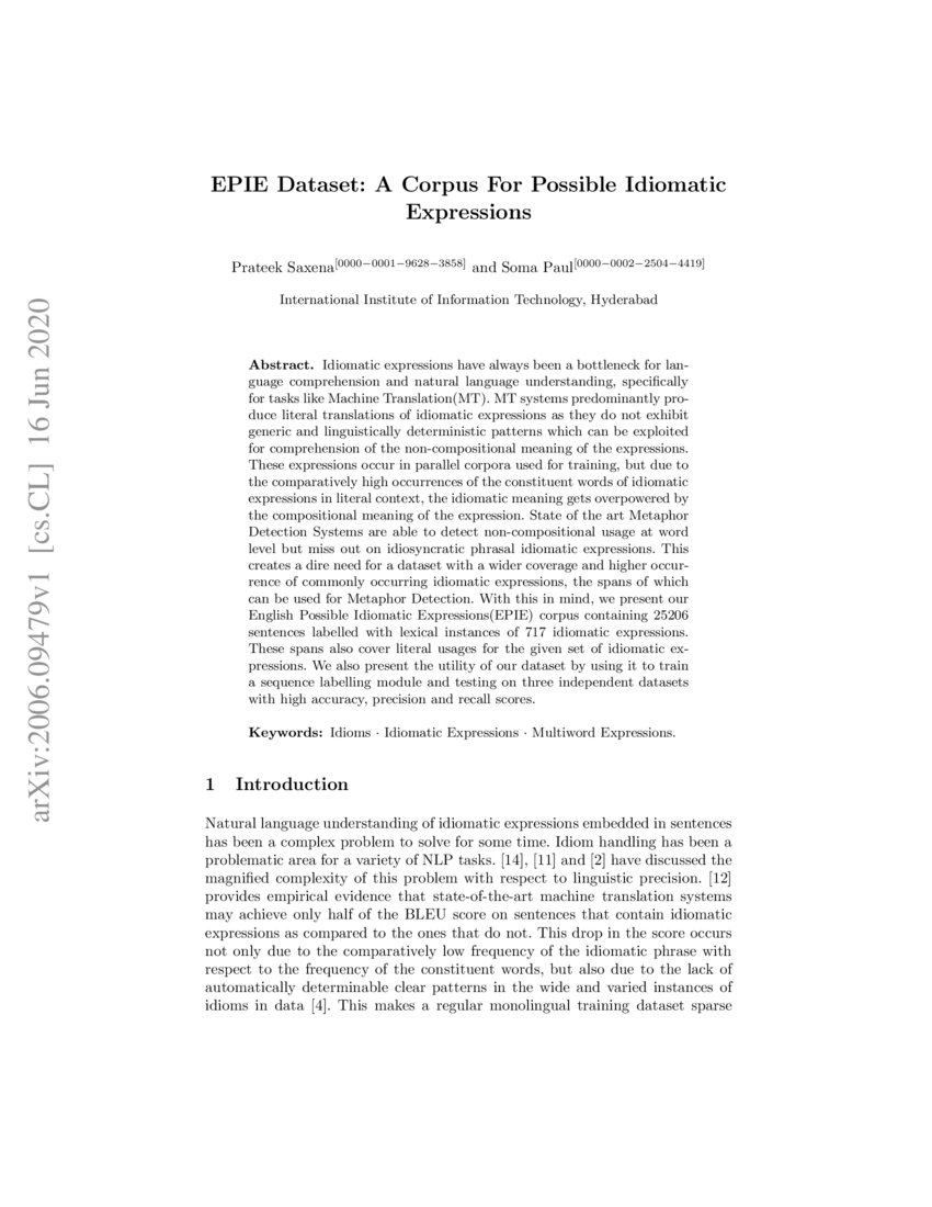 EPIE Dataset: A Corpus For Possible Idiomatic Expressions | DeepAI