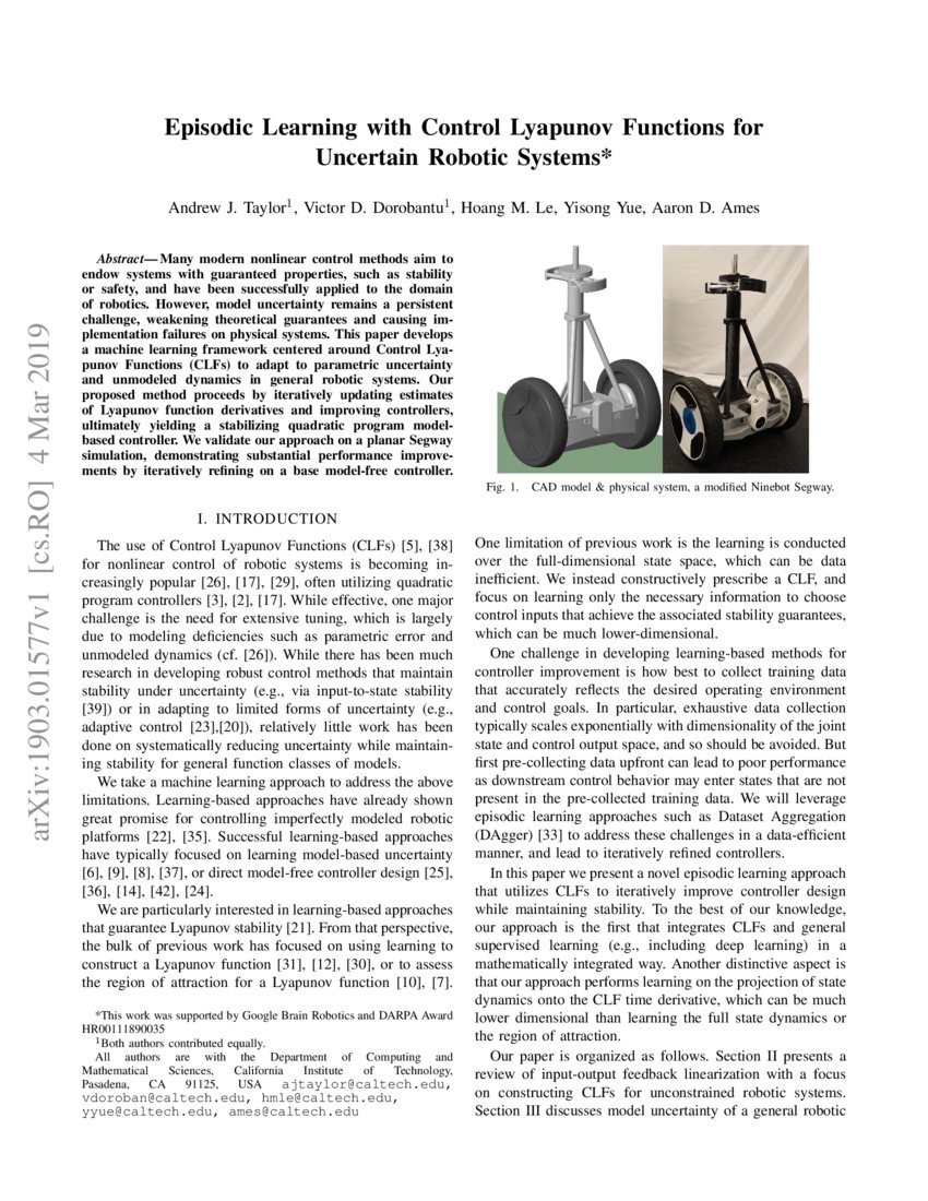 Episodic Learning with Control Lyapunov Functions for Uncertain Robotic Systems | DeepAI