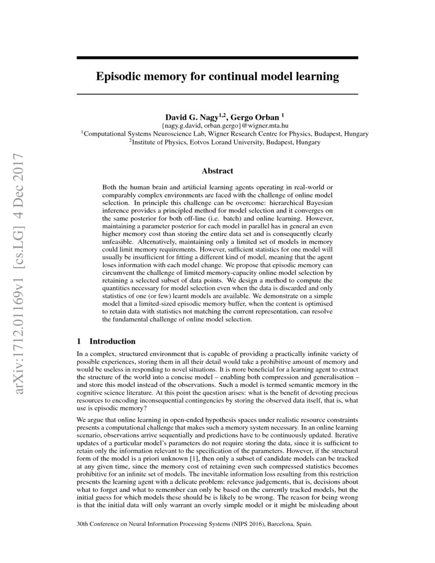 Episodic memory for continual model learning | DeepAI