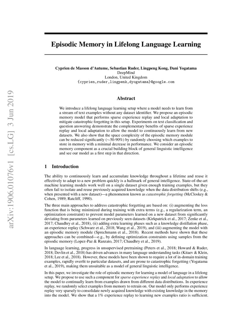 Episodic Memory in Lifelong Language Learning | DeepAI