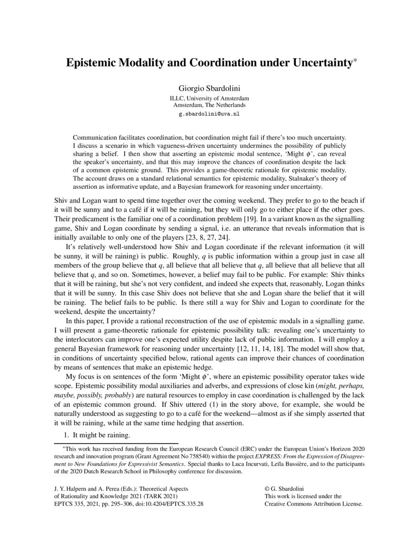 Epistemic Modality and Coordination under Uncertainty | DeepAI