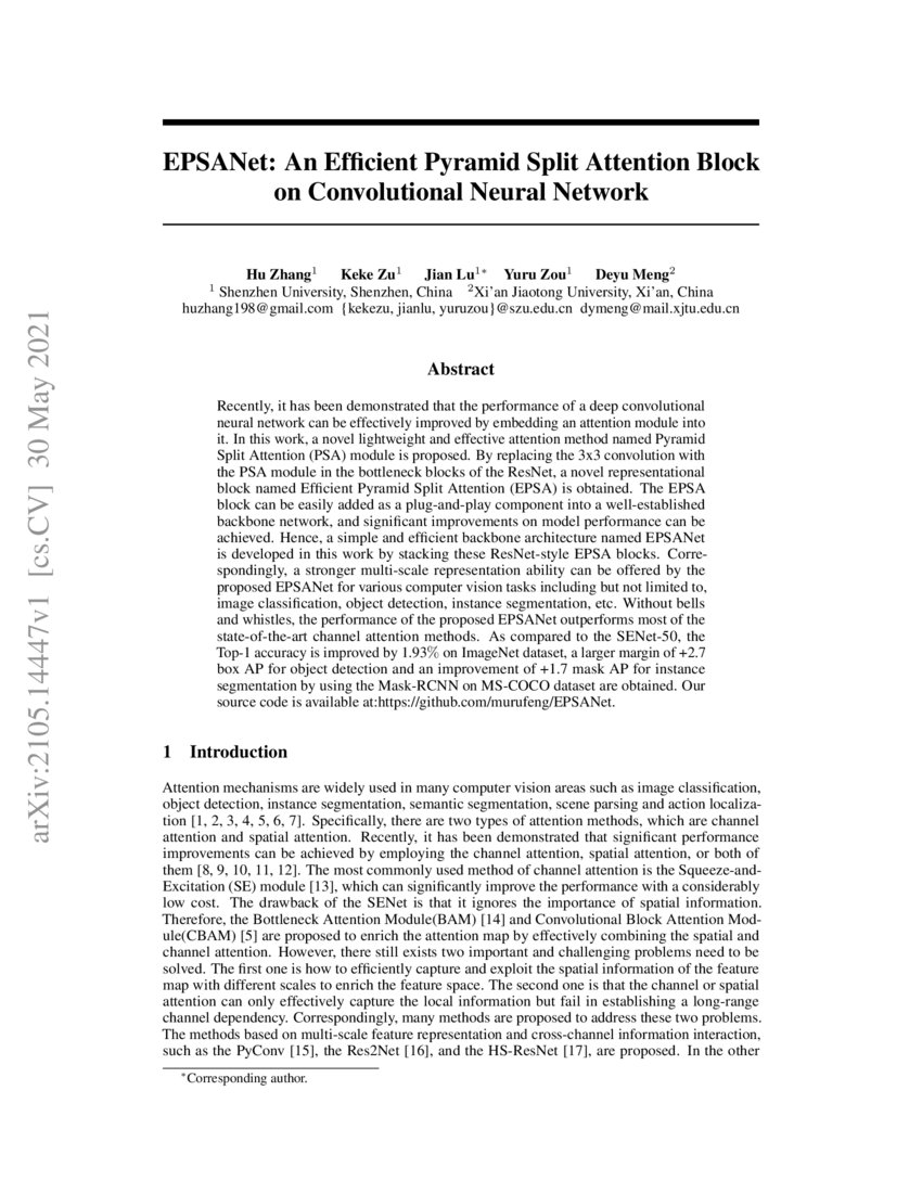 EPSANet: An Efficient Pyramid Split Attention Block on Convolutional Neural Network | DeepAI
