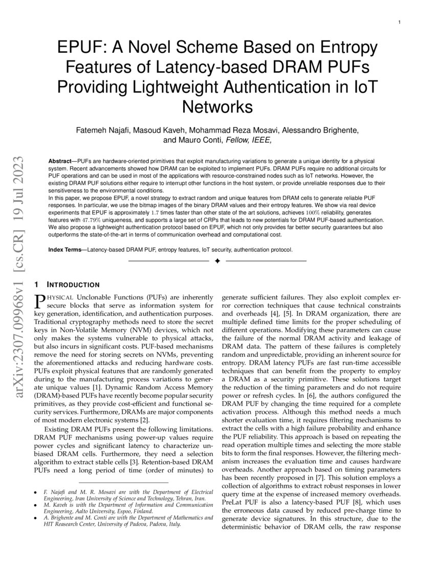 Epuf A Novel Scheme Based On Entropy Features Of Latency Based Dram Pufs Providing Lightweight 4345