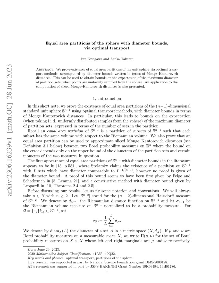 Equal area partitions of the sphere with diameter bounds, via optimal ...
