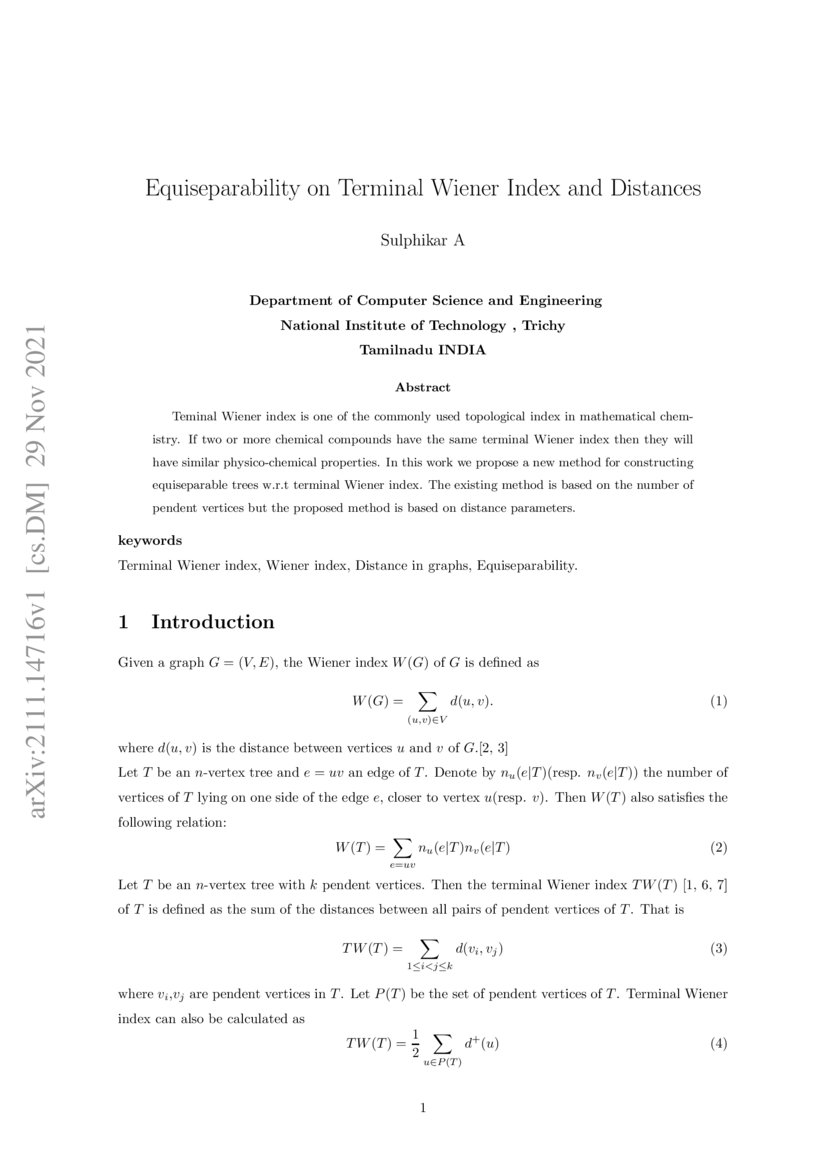 Equiseparability on Terminal Wiener Index and Distances | DeepAI