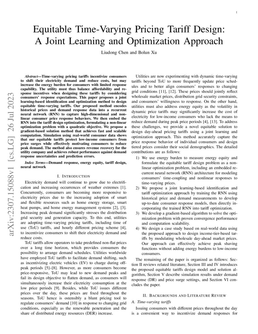 Equitable Time-Varying Pricing Tariff Design: A Joint Learning and Optimization Approach | DeepAI