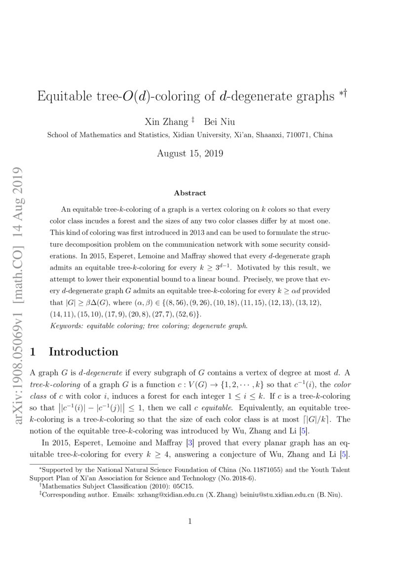 Equitable tree-O(d)-coloring of d-degenerate graphs | DeepAI