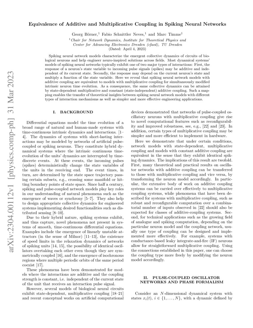 Equivalence Of Additive And Multiplicative Coupling In Spiking Neural