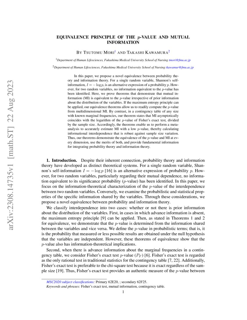 Equivalence Principle of the P-value and Mutual Information | DeepAI