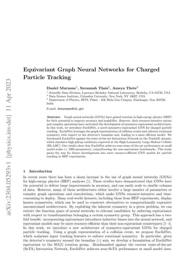 Equivariant Graph Neural Networks for Charged Particle Tracking | DeepAI