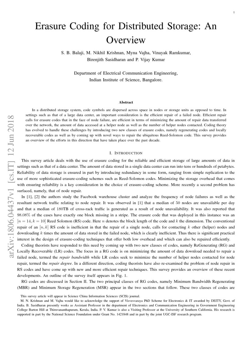 Erasure Coding For Distributed Storage An Overview Deepai