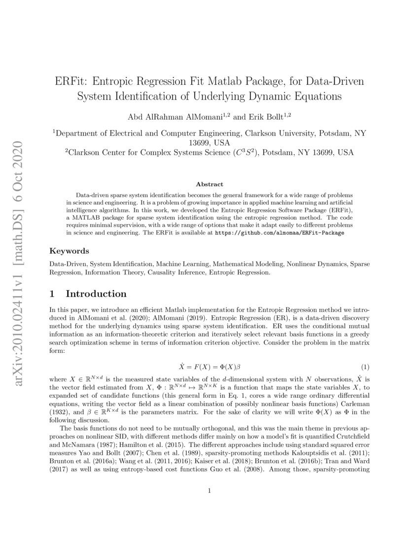 Erfit Entropic Regression Fit Matlab Package For Data Driven System