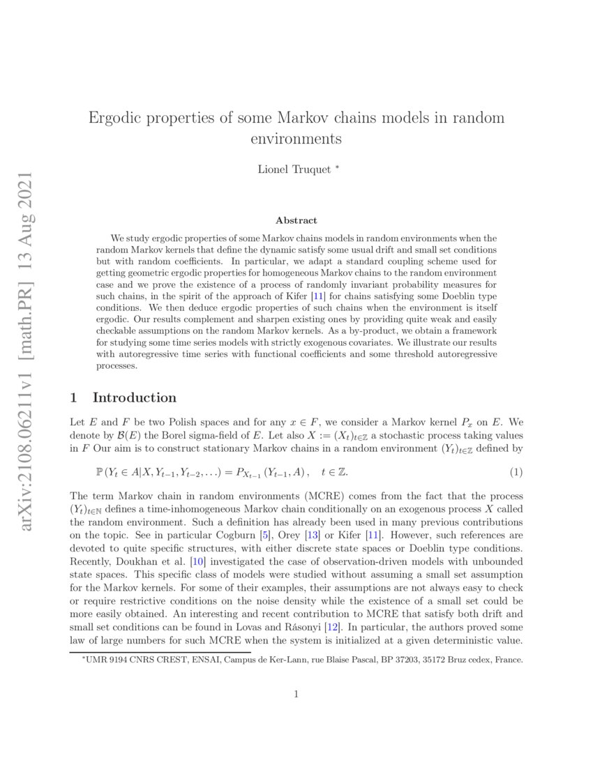 Ergodic Properties Of Some Markov Chains Models In Random Environments Deepai