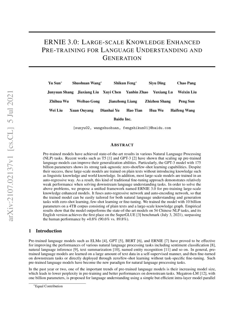 ERNIE 3.0: Large-scale Knowledge Enhanced Pre-training for Language ...