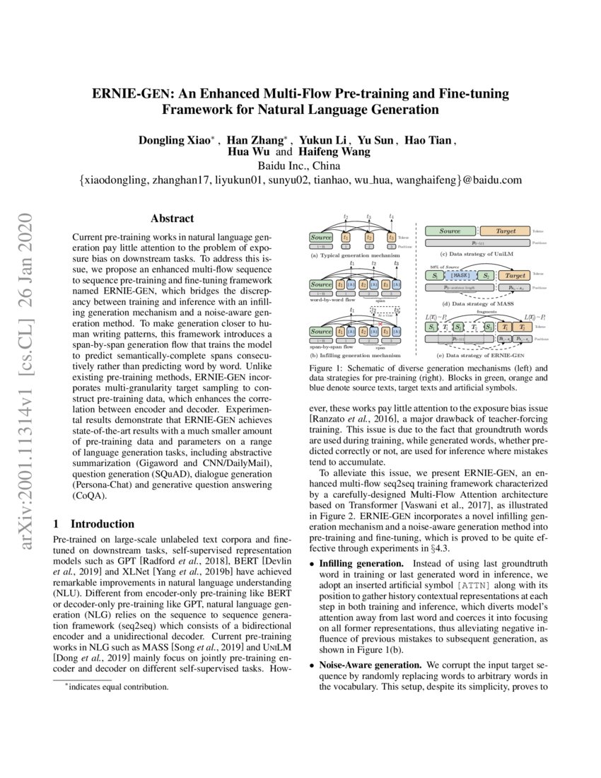 ERNIE-GEN: An Enhanced Multi-Flow Pre-training and Fine-tuning ...