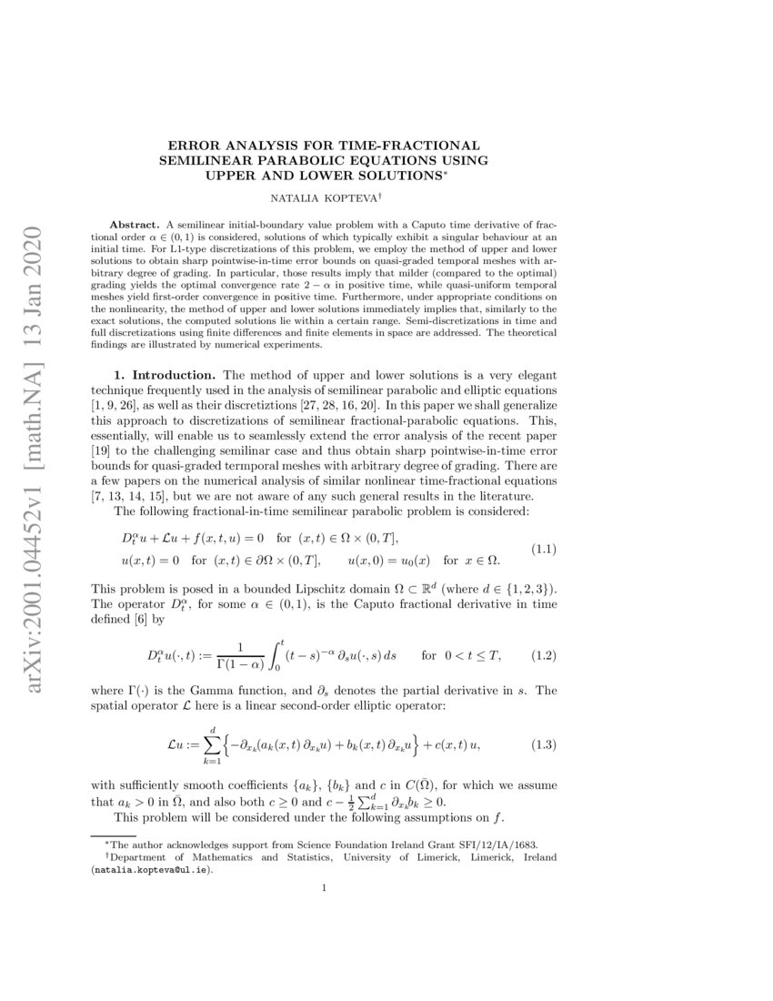 Error Analysis For Time Fractional Semilinear Parabolic Equations Using Upper And Lower