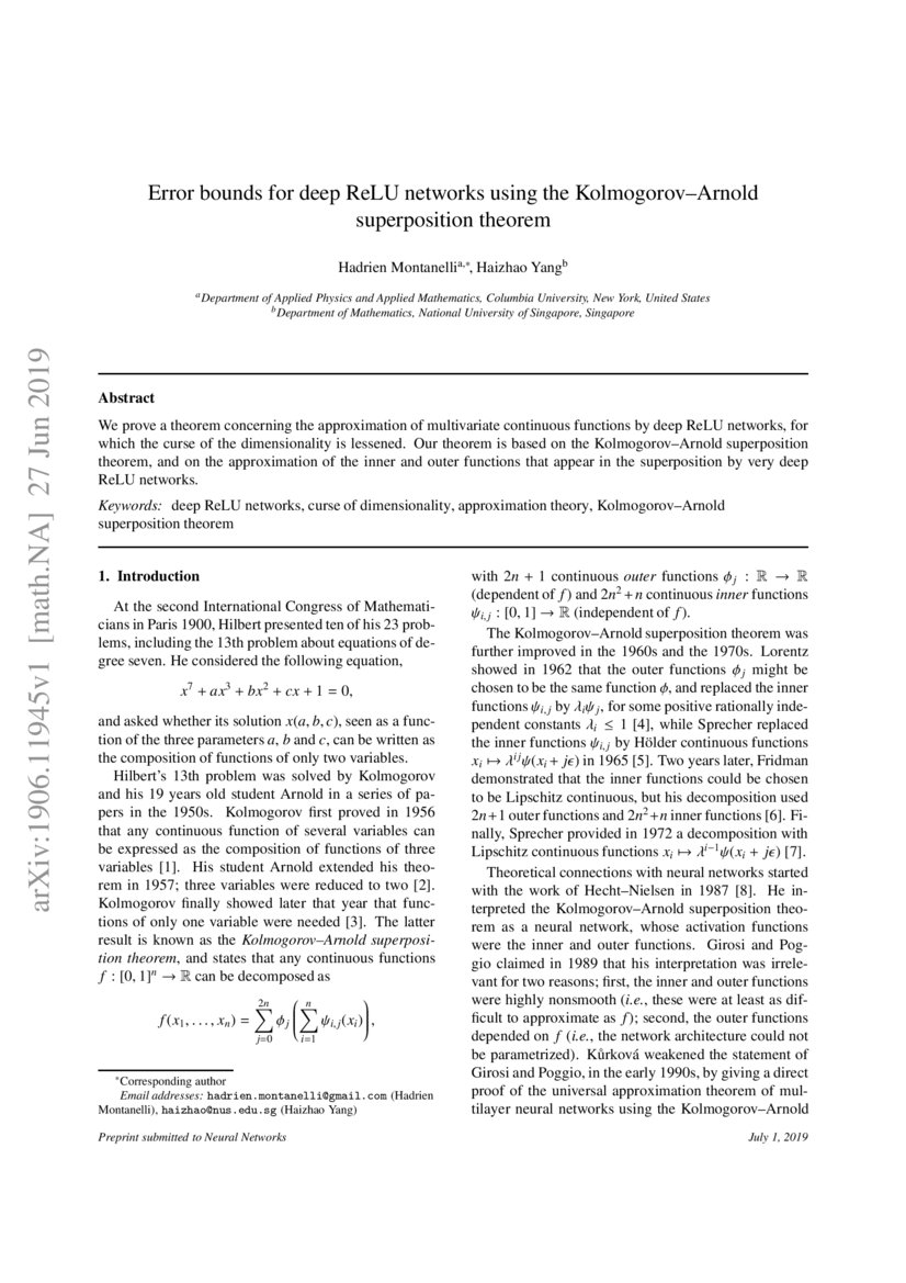 Error Bounds For Deep Relu Networks Using The Kolmogorov Arnold Superposition Theorem Deepai 3633