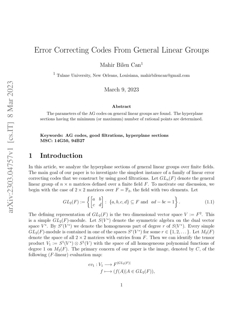 Error Correcting Codes From General Linear Groups Deepai