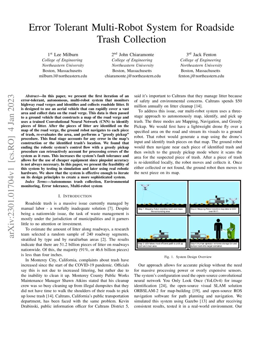 Error Tolerant Multi-Robot System for Roadside Trash Collection | DeepAI