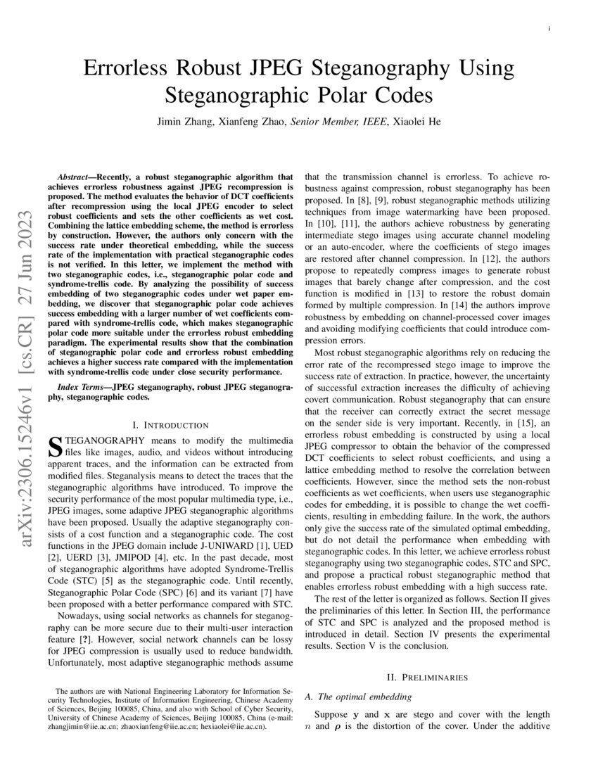Errorless Robust JPEG Steganography Using Steganographic Polar Codes ...