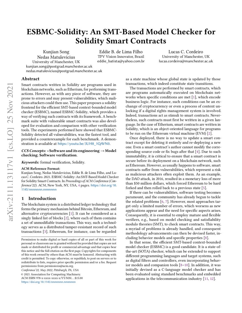 Esbmc Solidity An Smt Based Model Checker For Solidity Smart Contracts