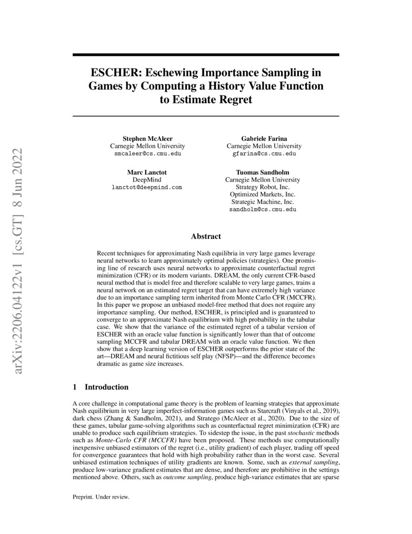 ESCHER: Eschewing Importance Sampling in Games by Computing a History ...