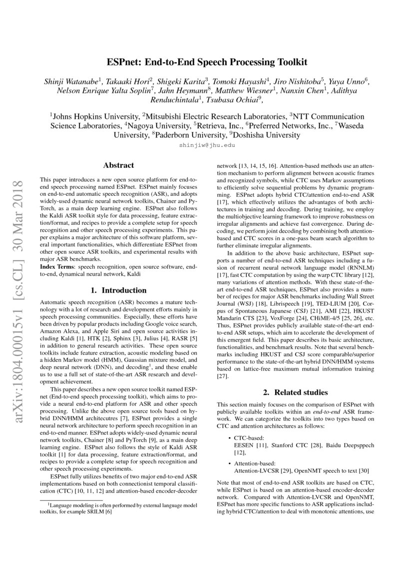 ESPnet: End-to-End Speech Processing Toolkit | DeepAI