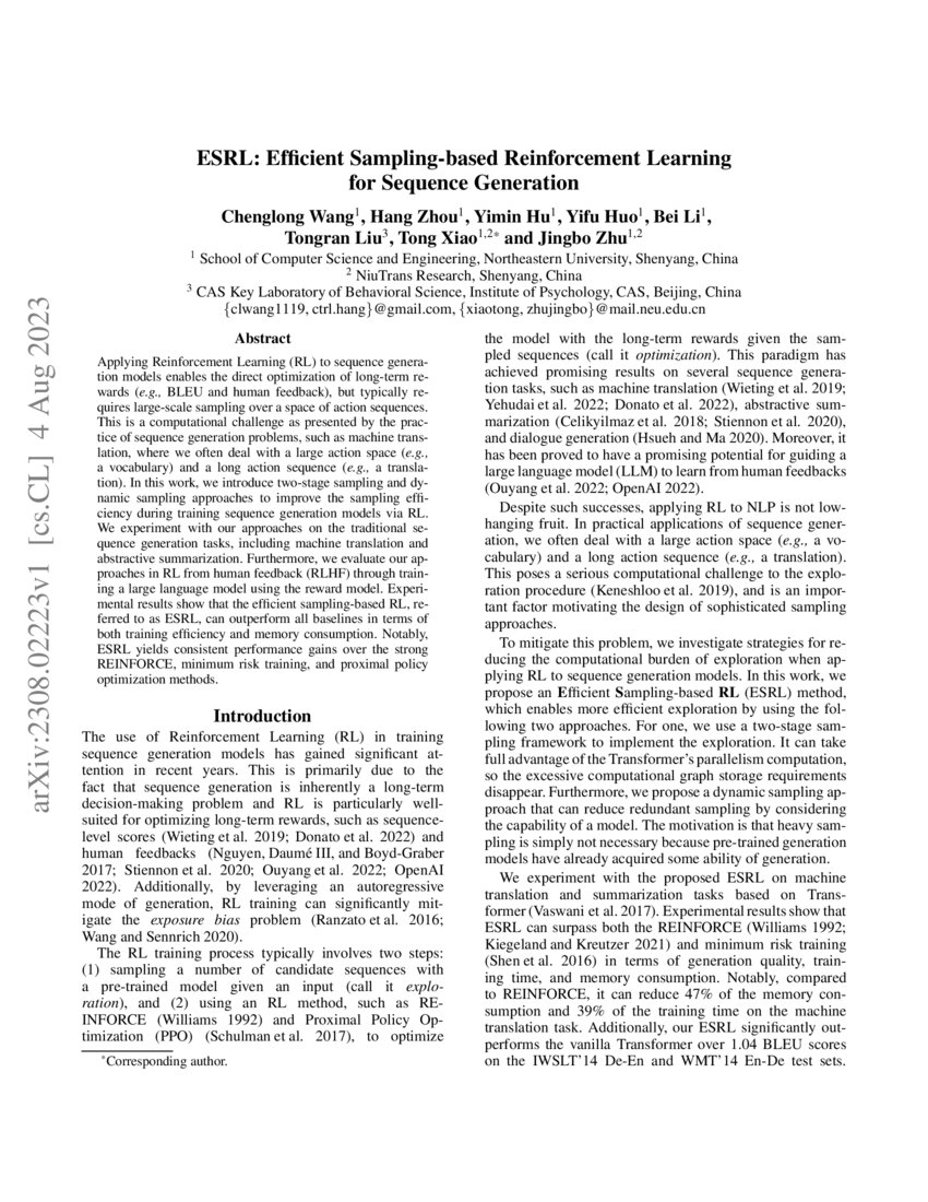Esrl Efficient Sampling Based Reinforcement Learning For Sequence Generation Deepai