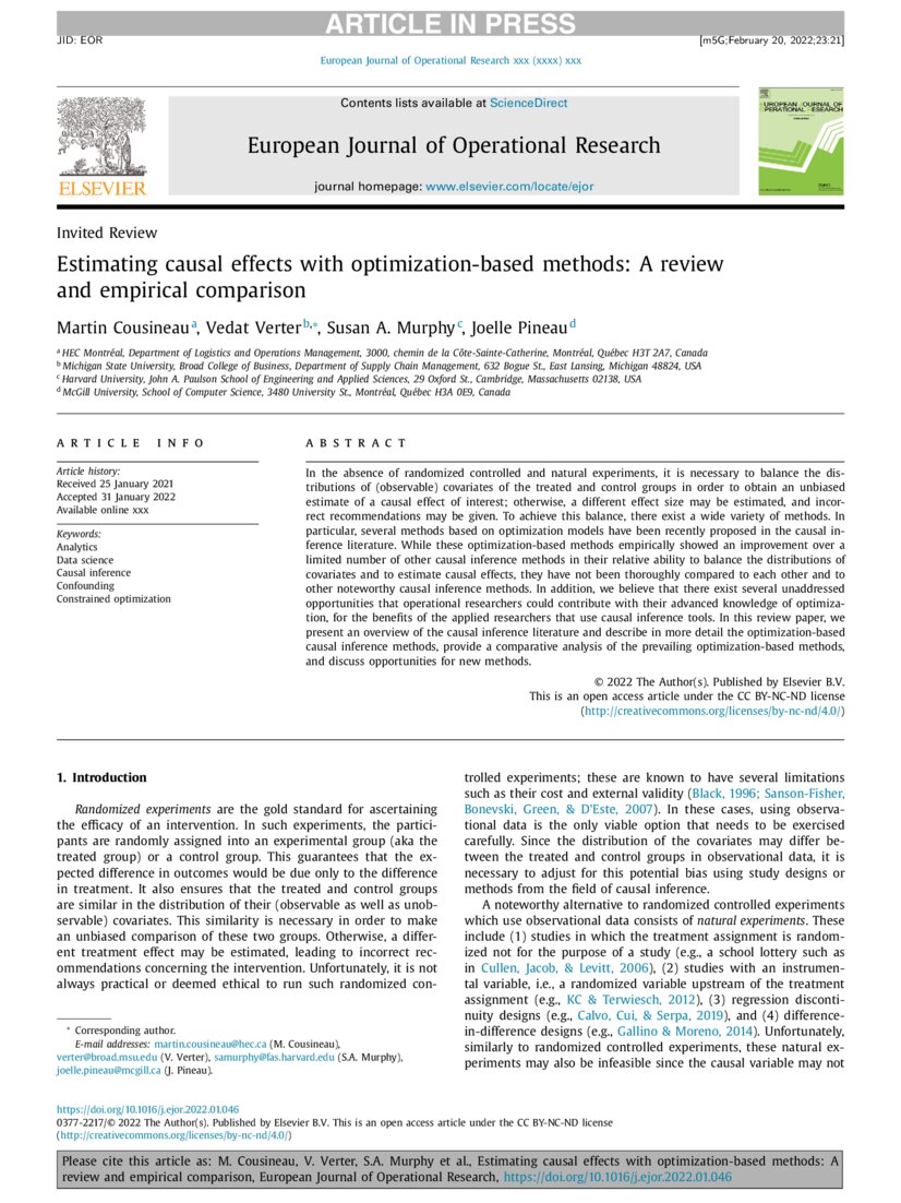 Estimating Causal Effects With Optimization Based Methods A Review And