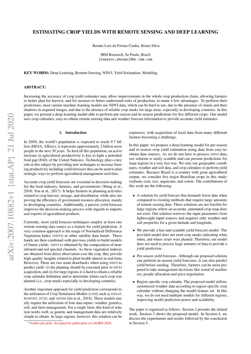 Estimating Crop Yields With Remote Sensing And Deep Learning Deepai
