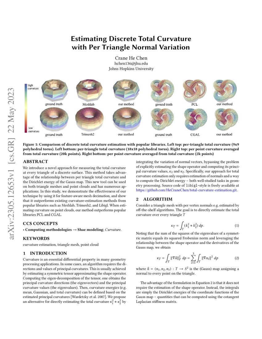 Estimating Discrete Total Curvature with Per Triangle Normal Variation | DeepAI