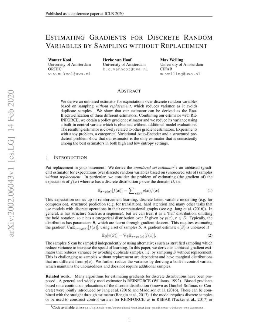 Estimating Gradients for Discrete Random Variables by Sampling without Replacement | DeepAI