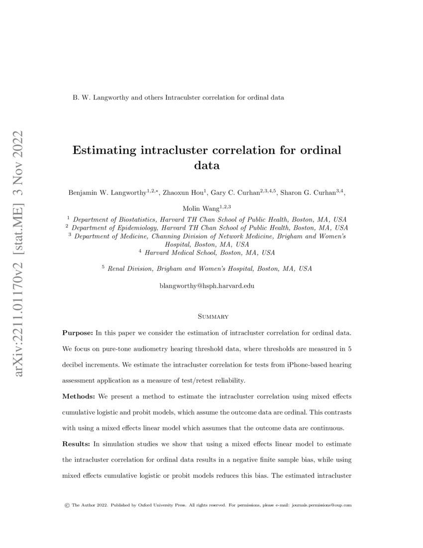 Estimating intracluster correlation for ordinal data | DeepAI