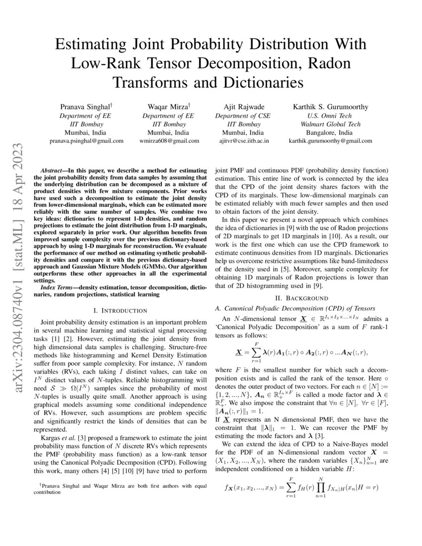 Estimating Joint Probability Distribution With Low-Rank Tensor Decomposition, Radon Transforms ...