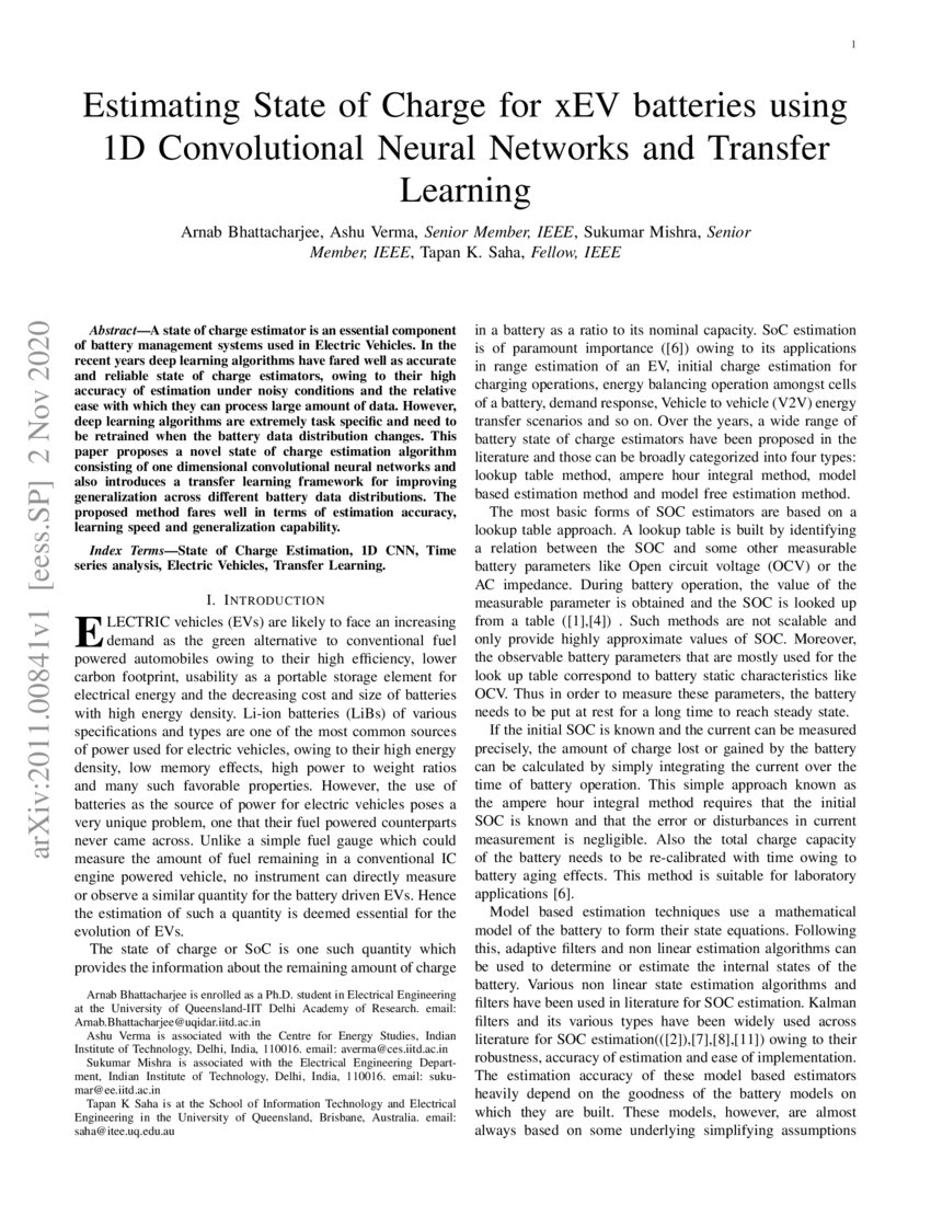 Estimating State Of Charge For Xev Batteries Using 1d Convolutional