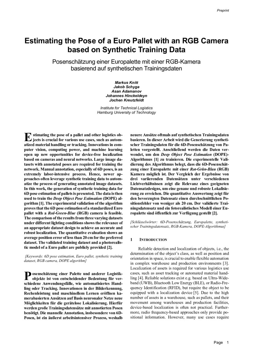 Estimating the Pose of a Euro Pallet with an RGB Camera based on Synthetic Training Data | DeepAI