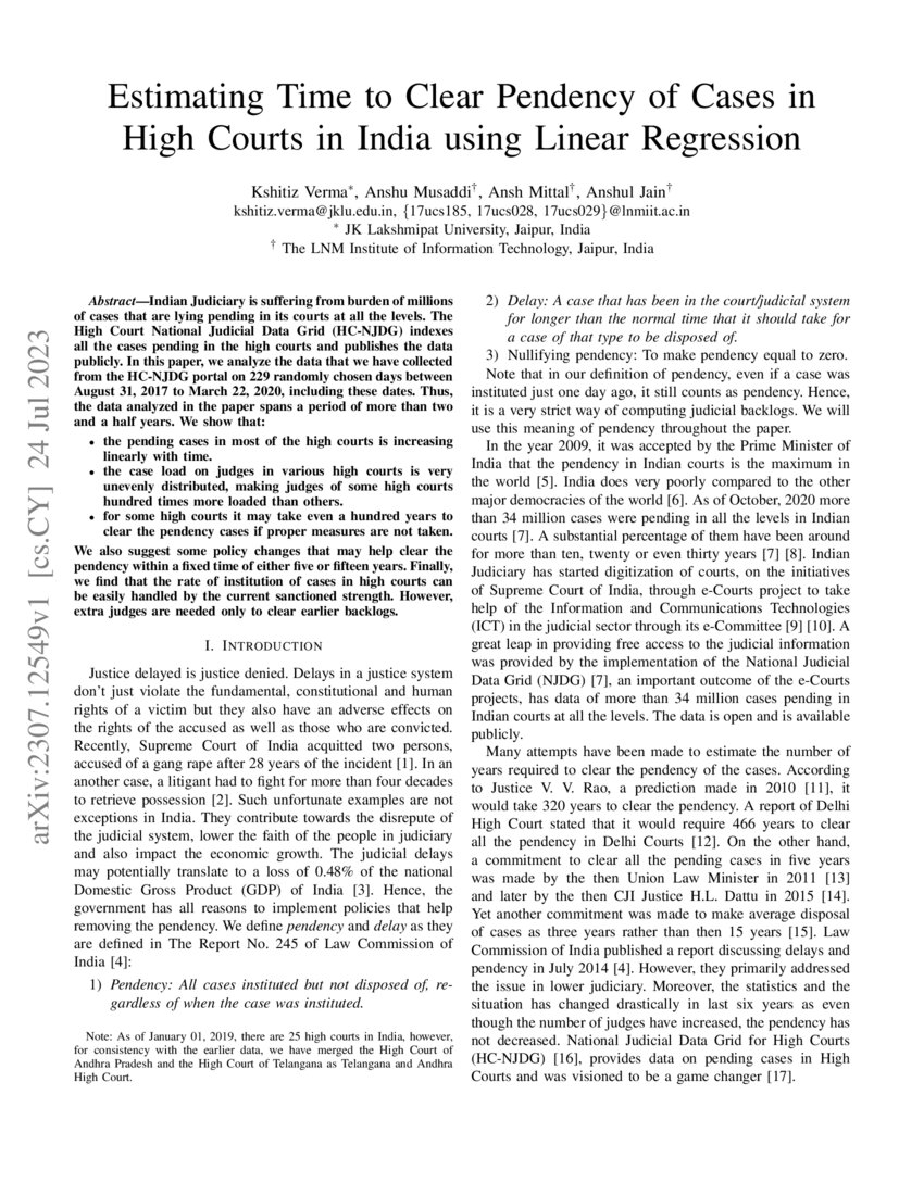Estimating Time to Clear Pendency of Cases in High Courts in India ...