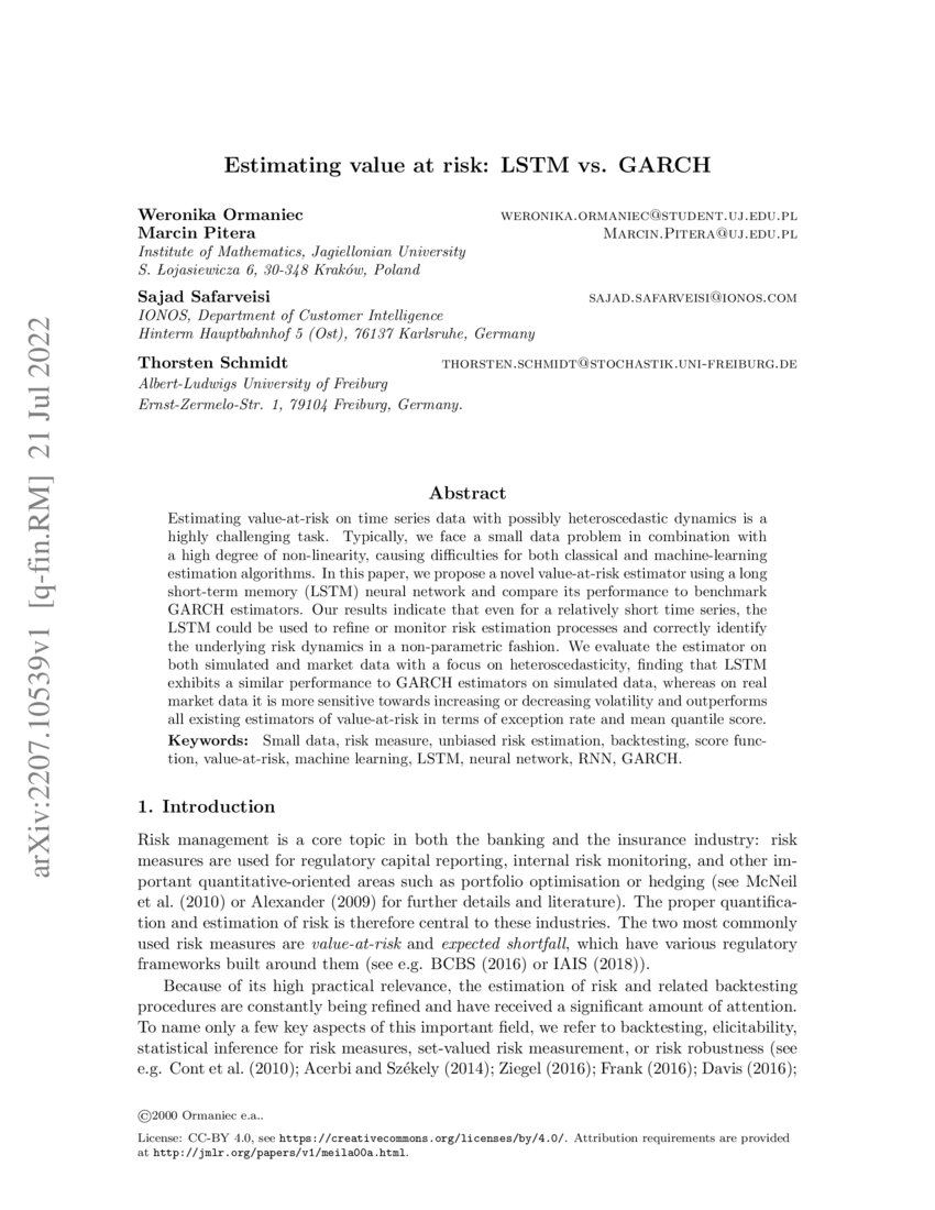 Estimating value at risk: LSTM vs. GARCH | DeepAI