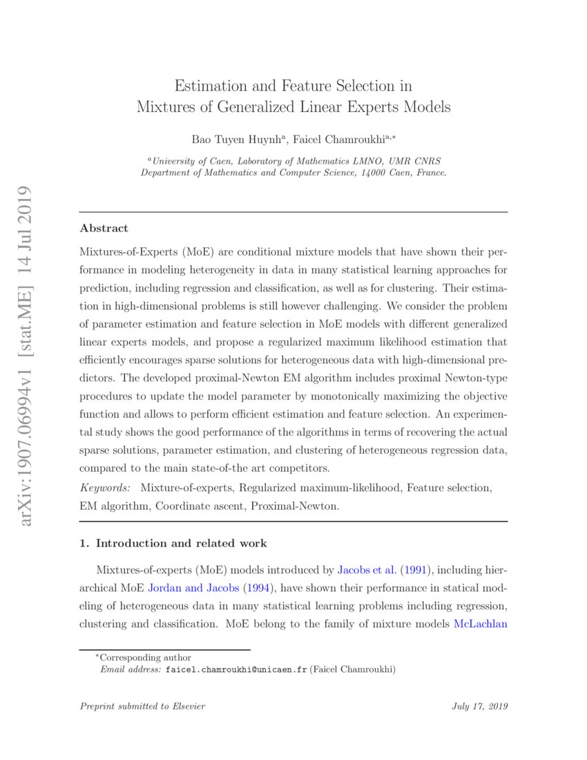 Estimation And Feature Selection In Mixtures Of Generalized Linear Experts Models Deepai