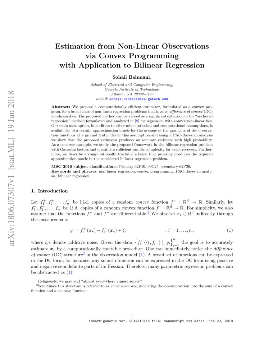 Estimation From Non Linear Observations Via Convex Programming With Application To Bilinear